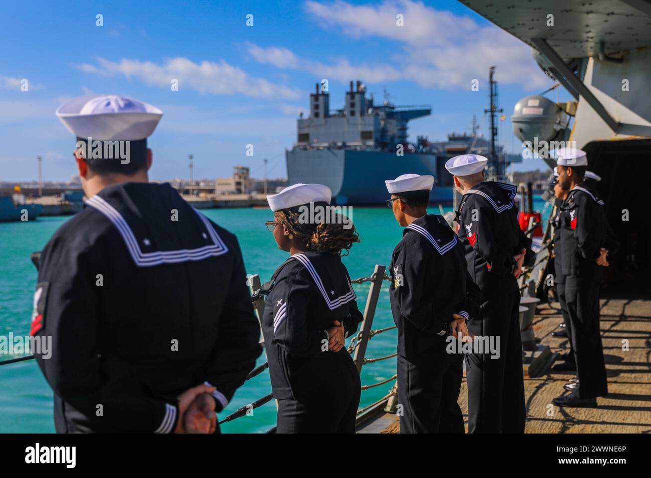 240224-N-JM579-1147 ROTA, Spain (Feb. 24, 2024) Sailors man the rails ...