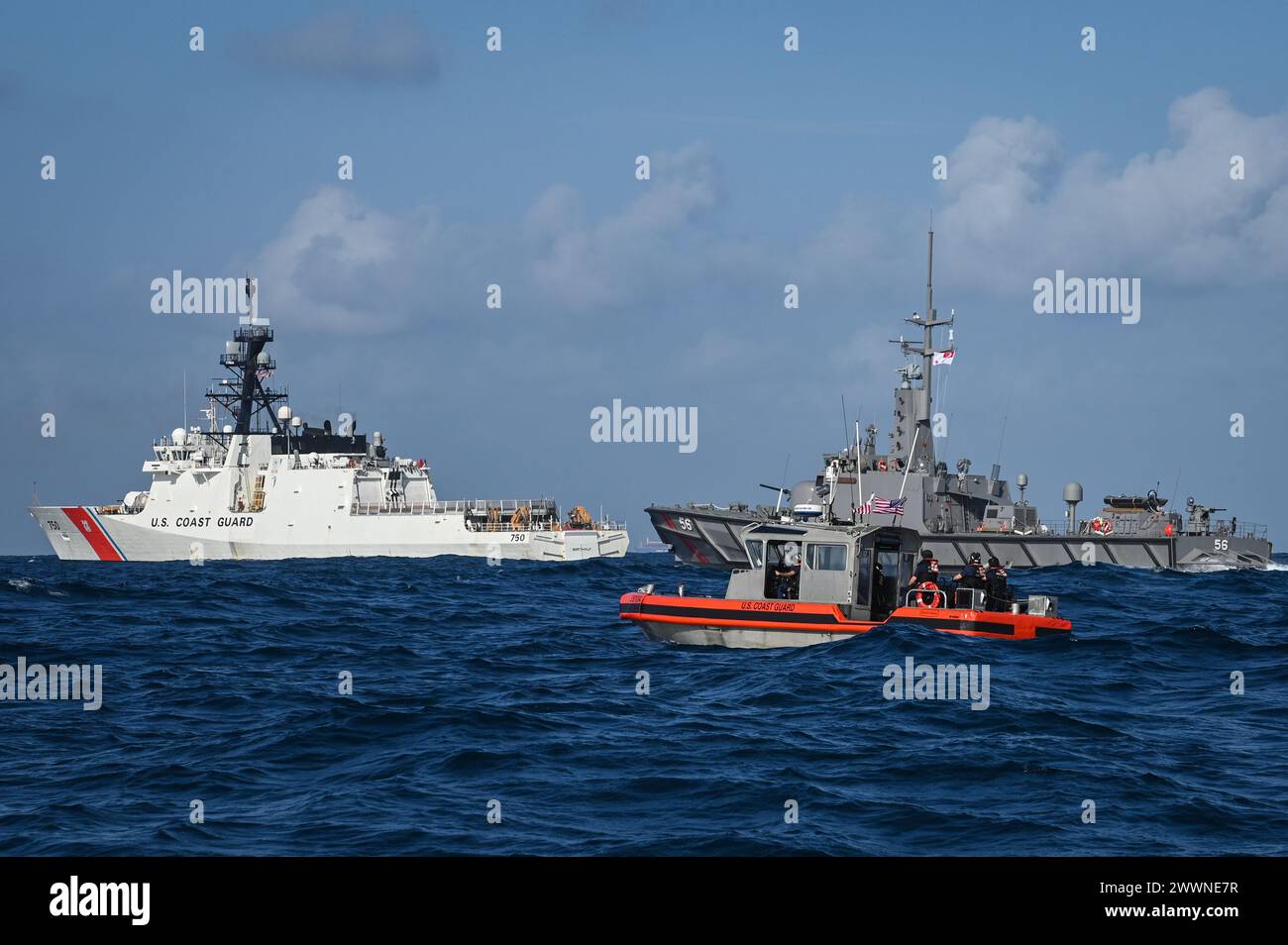 U.S. Coast Guard Cutter Bertholf (WMSL 750) leads a formation while ...