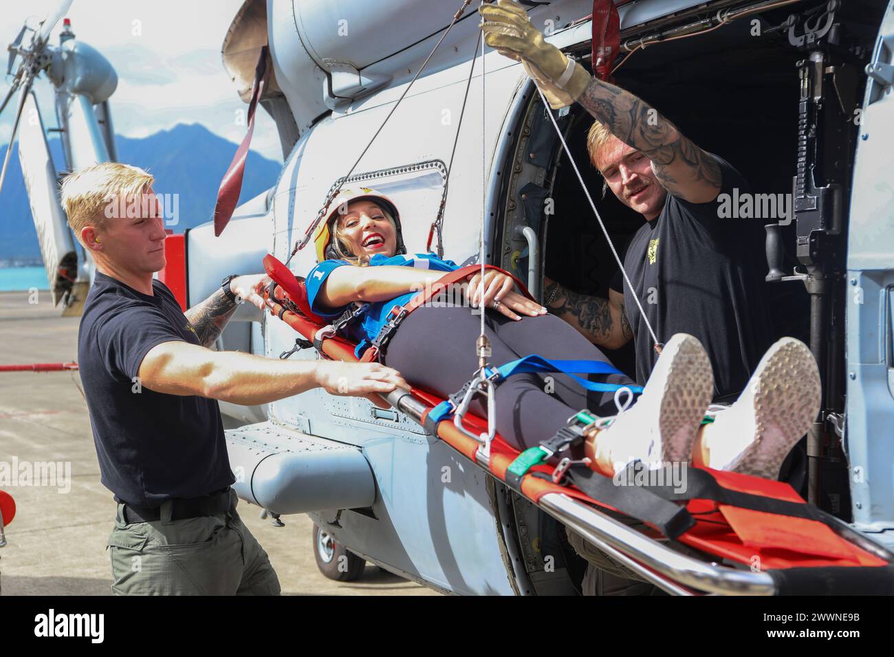 NFL cheerleader Kacey Mejias-Thompson lies in a rescue stretcher during ...
