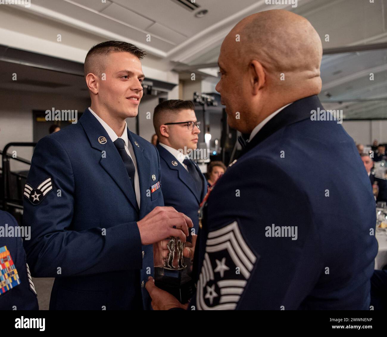 Senior Airman Ethan Hall (left), the Kentucky Air National Guard’s 2023 Airman of the year ...