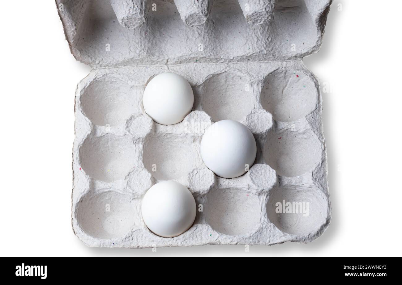 White eggs in a carton box on white background. Top view Stock Photo ...