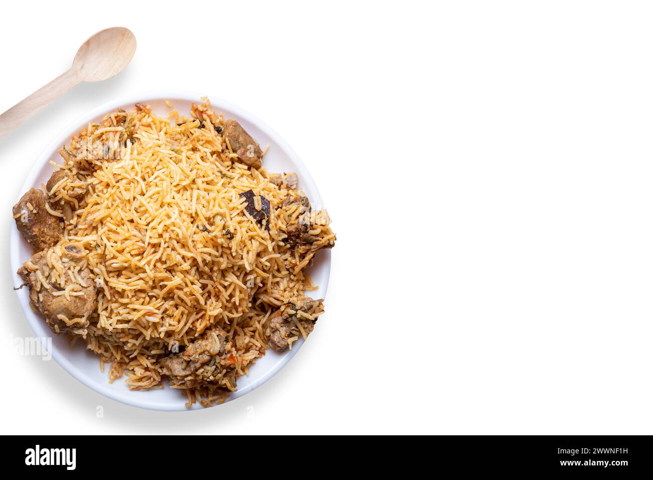 Mutton biryani is a popular Indian dish. Top view of delicious mutton ...