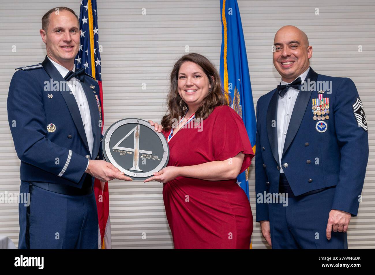 Ashley Gadd, center, 4th Wing Staff Agency administrative discharge clerk and victim witness ...