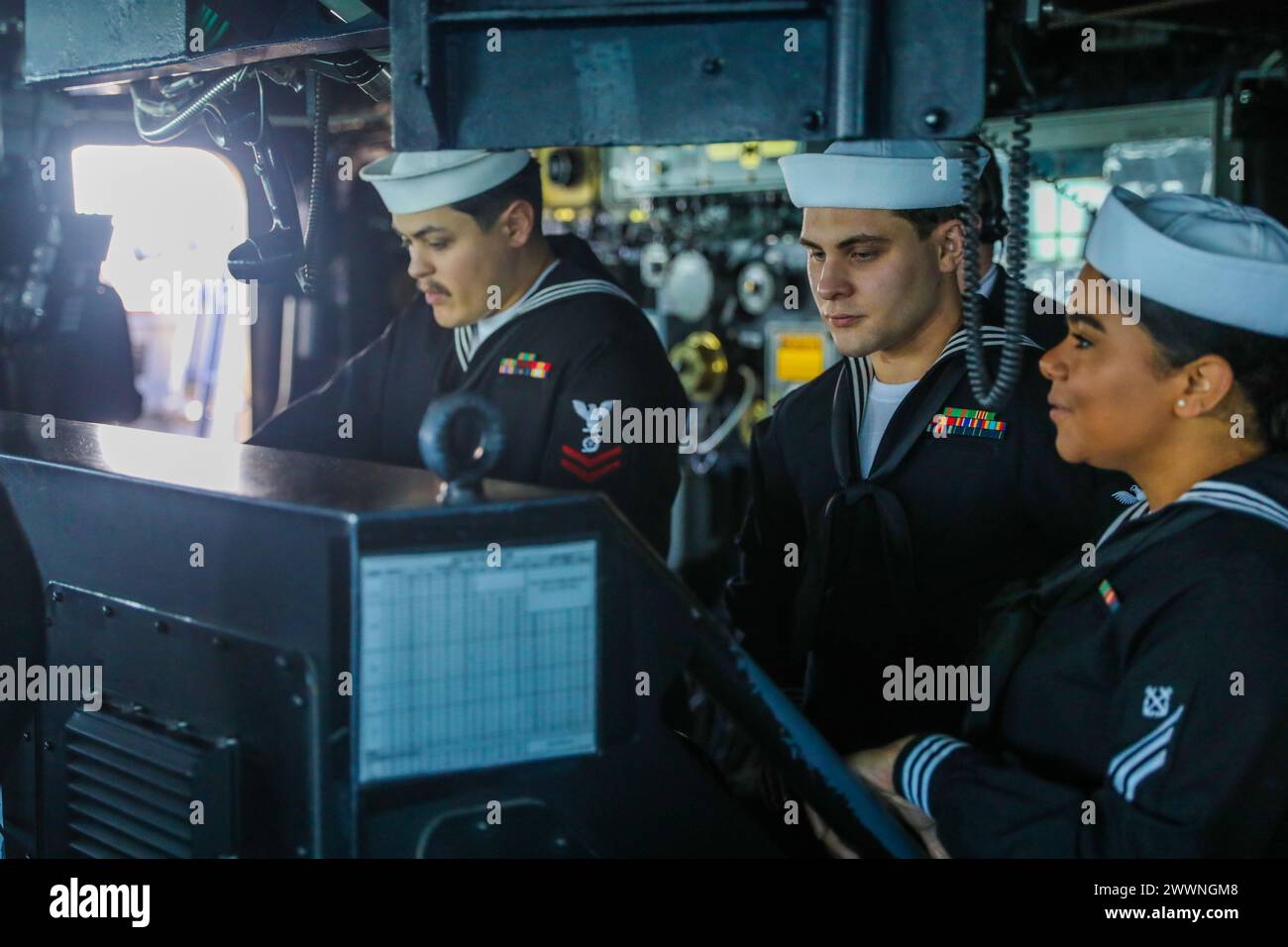 240224-N-JM579-1026 ROTA, Spain (Feb. 24, 2024) Sailors stand watch in ...