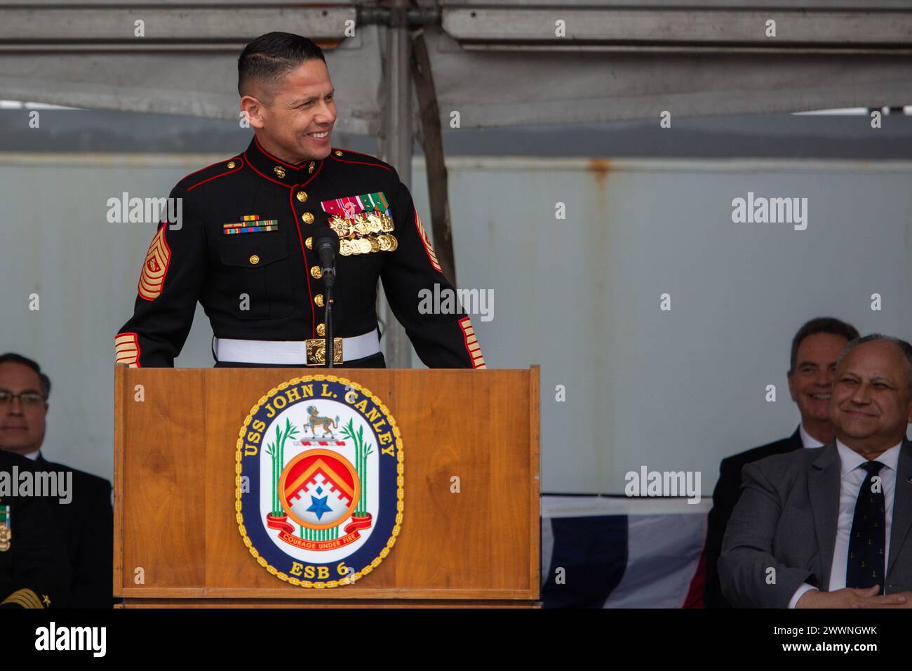 Sergeant Major of the Marine Corps Carlos Ruiz delivers remarks during the commissioning of the ...