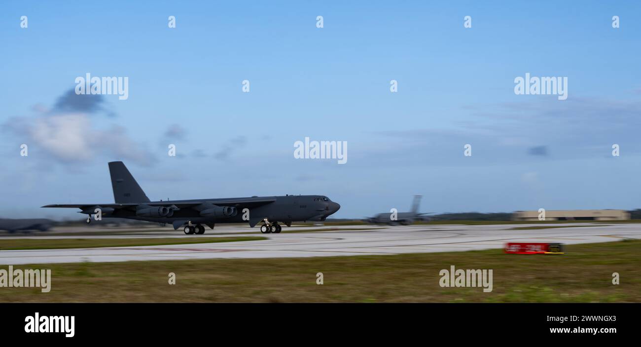 A B-52H Stratofortress takes off at Andersen Air Force Base, Guam, Feb ...