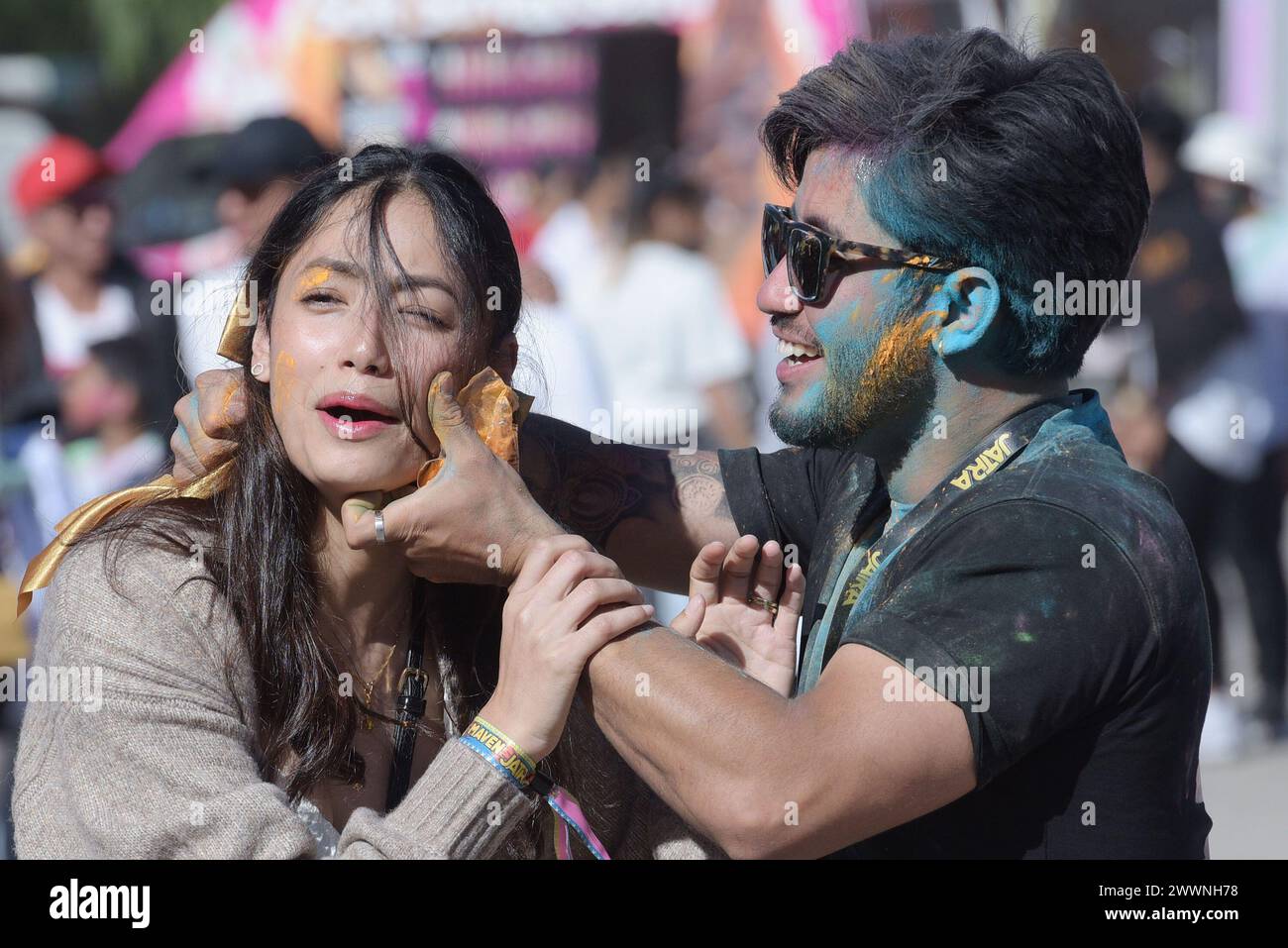 Indian and Nepalian people celebrating Festival of colors Holi at ...