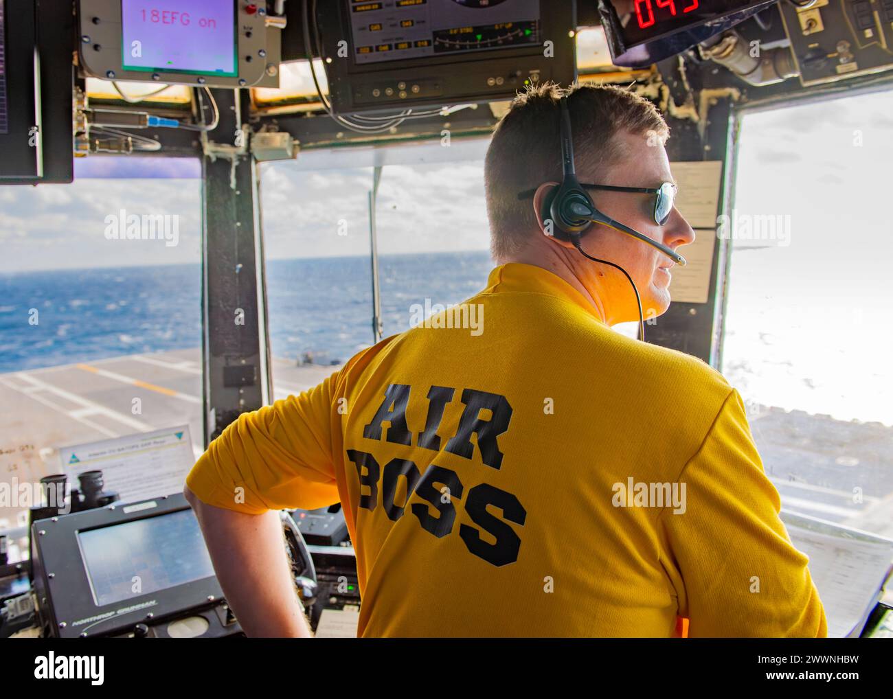 240214-N-CY569-1107 ATLANTIC OCEAN (Feb. 14, 2024) Cmdr. Jared Thomas, Airboss, the Nimitz-class ...