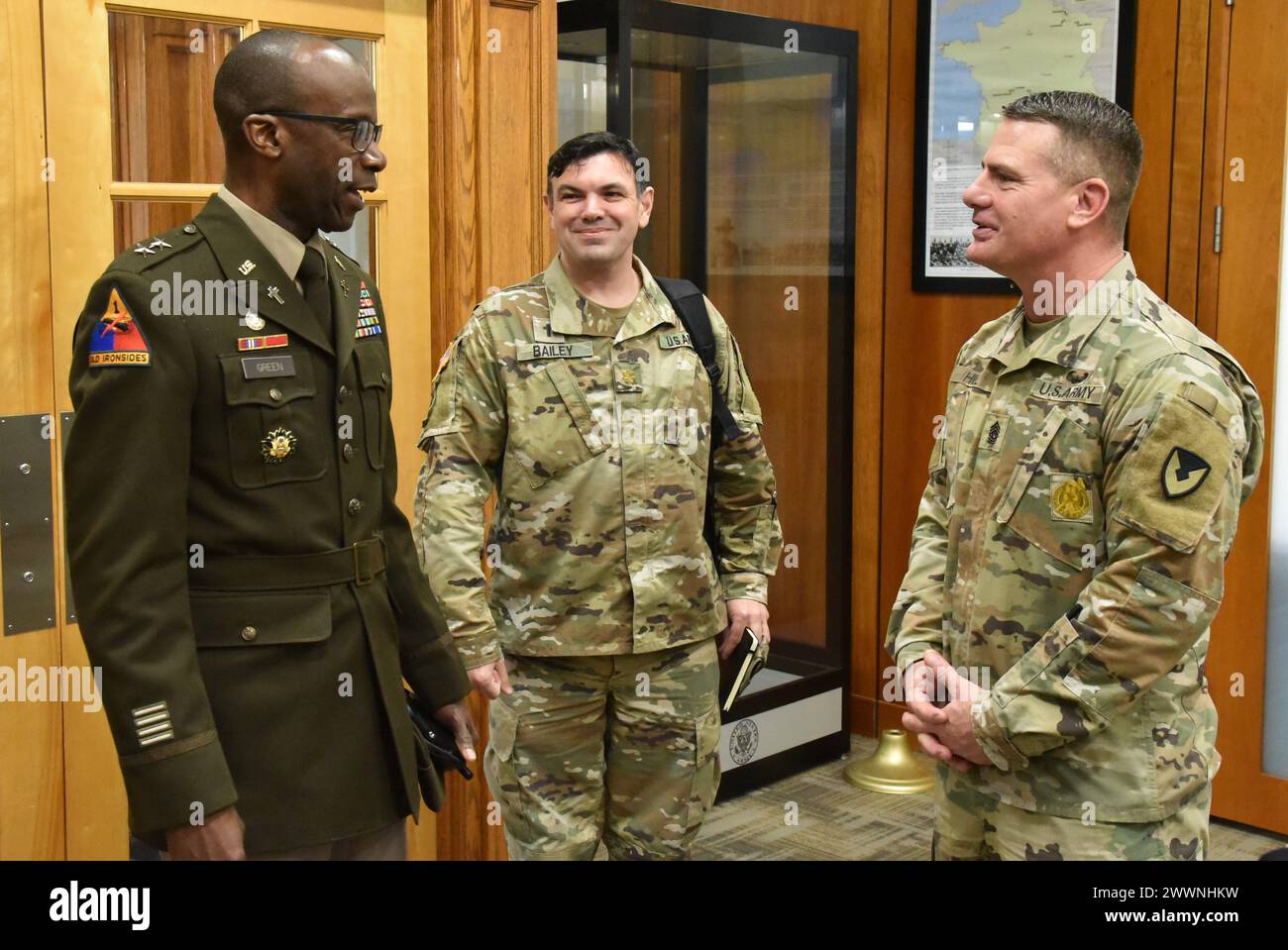 U.S. Army Maj. Gen. William "Bill" Green Jr., chief of chaplains, talks with U.S. Army Garrison ...