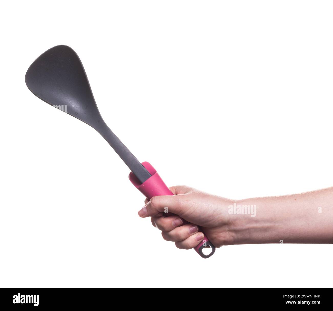 kitchen utensils in the hand of women isolated on white background ...