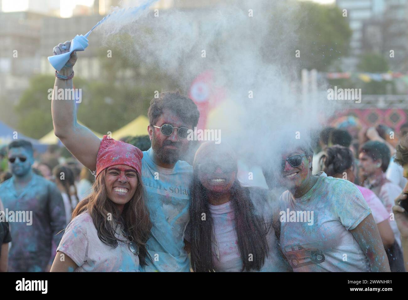 Indian and Nepalian people celebrating Festival of colors Holi at ...