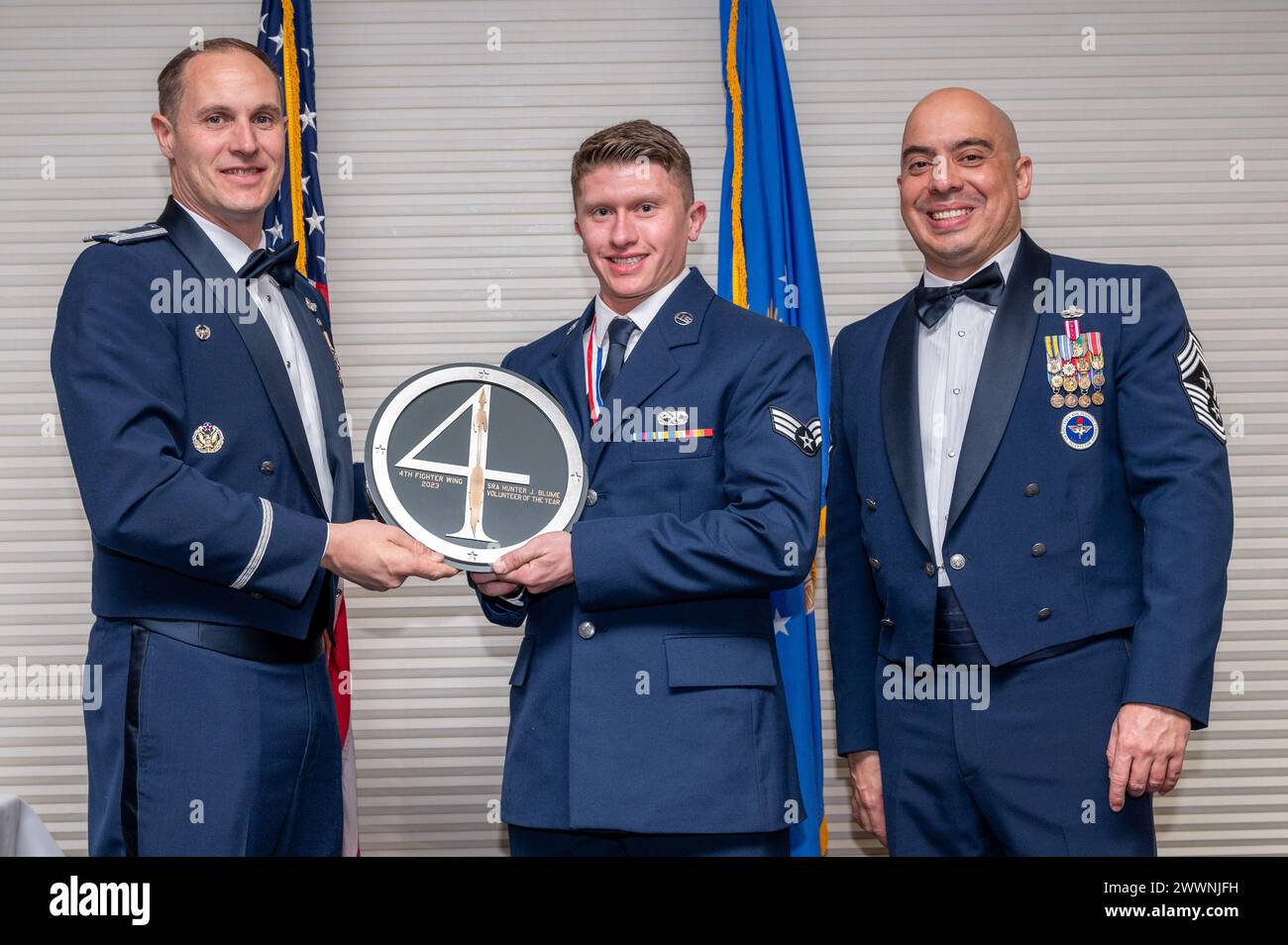 Senior Airman Hunter Blume, center, 335th Fighter Generation Squadron ...
