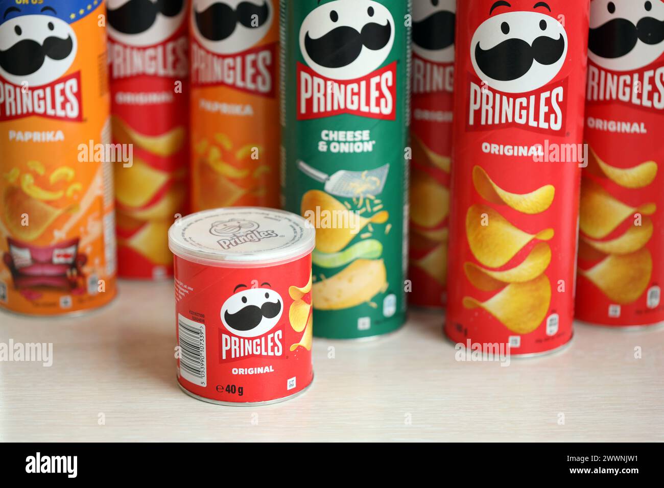 KYIV, UKRAINE - FEBRUARY 27, 2024 Pringles original potato chips on ...