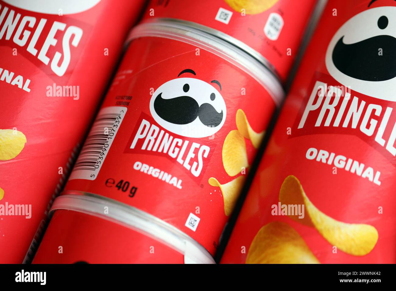 KYIV, UKRAINE - FEBRUARY 27, 2024 Pringles original potato chips on ...