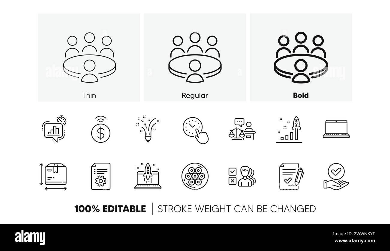 Development plan, Contactless payment and Approved checkbox line icons. For web app, printing ...