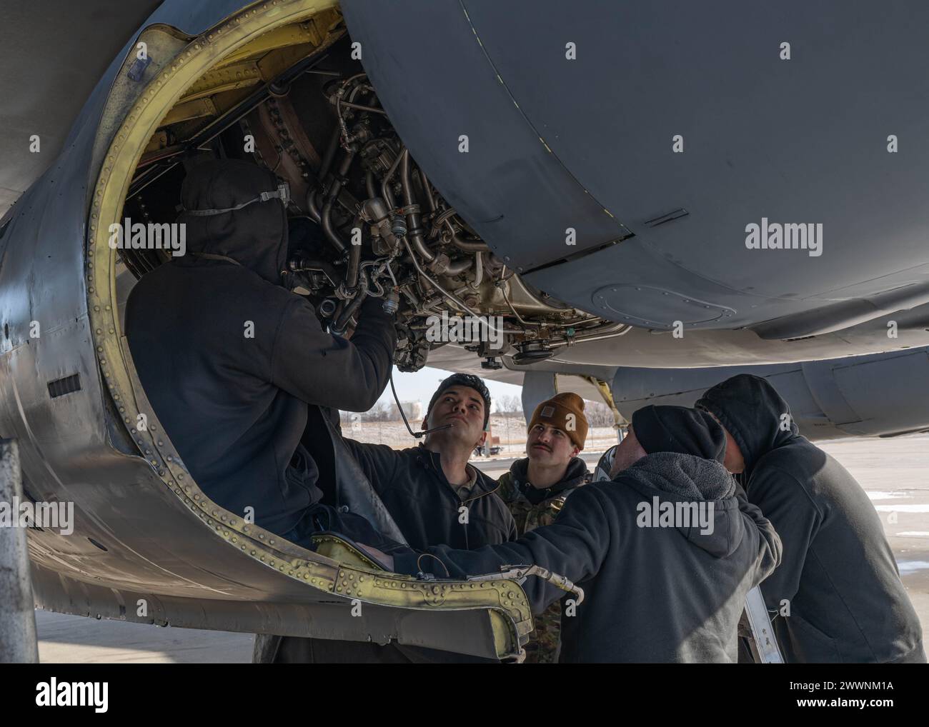 Airmen assigned to the 5th Aircraft Maintenance Squadron perform maintenance on a B-52H ...
