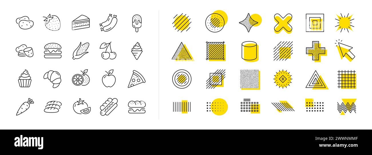 Food line icons. Vegetables, Fruits and Sweet Desserts icons. Potato ...