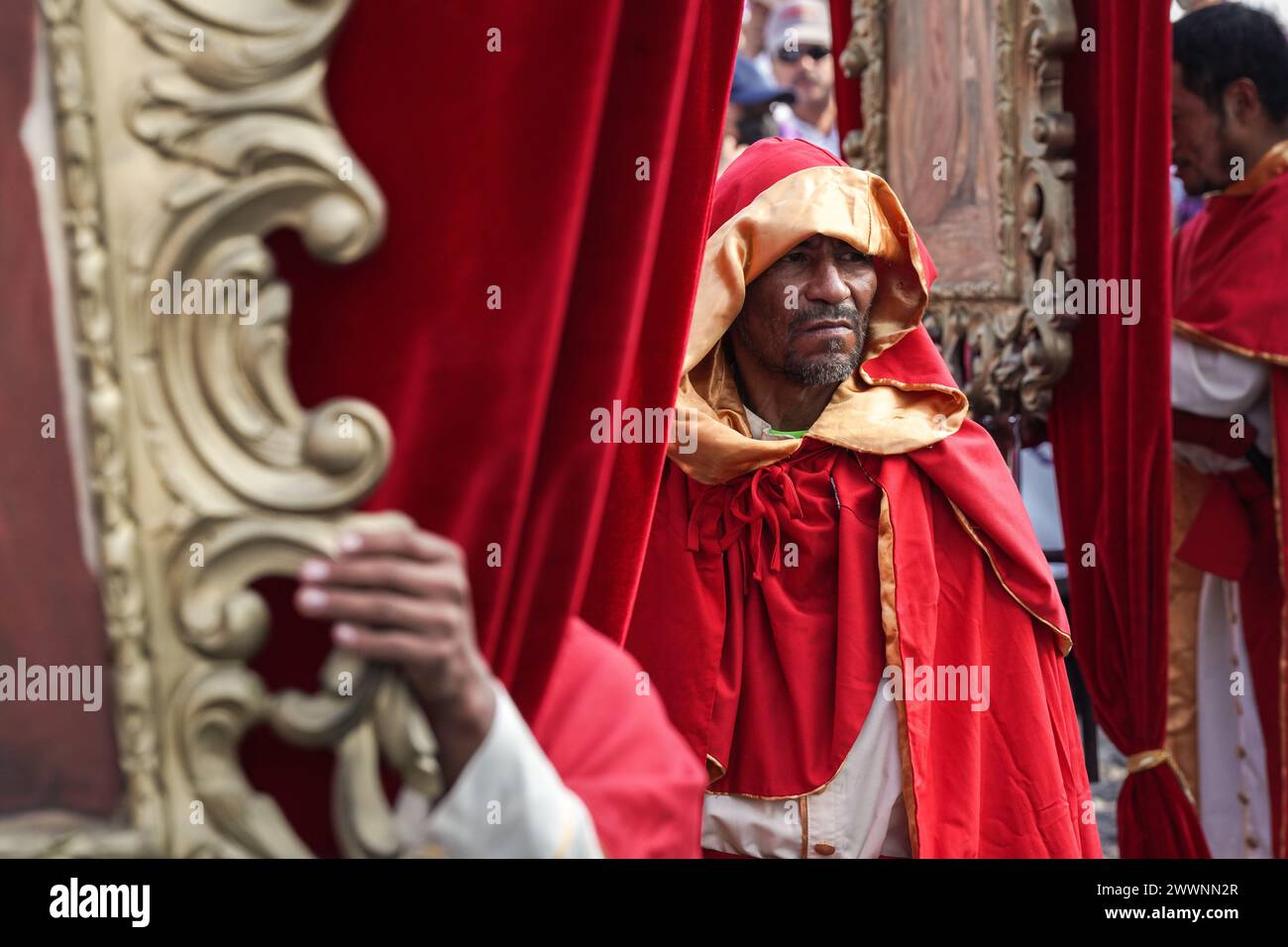 Antigua, Guatemala. 24th Mar, 2024. Penitents prepare to lead a massive ...