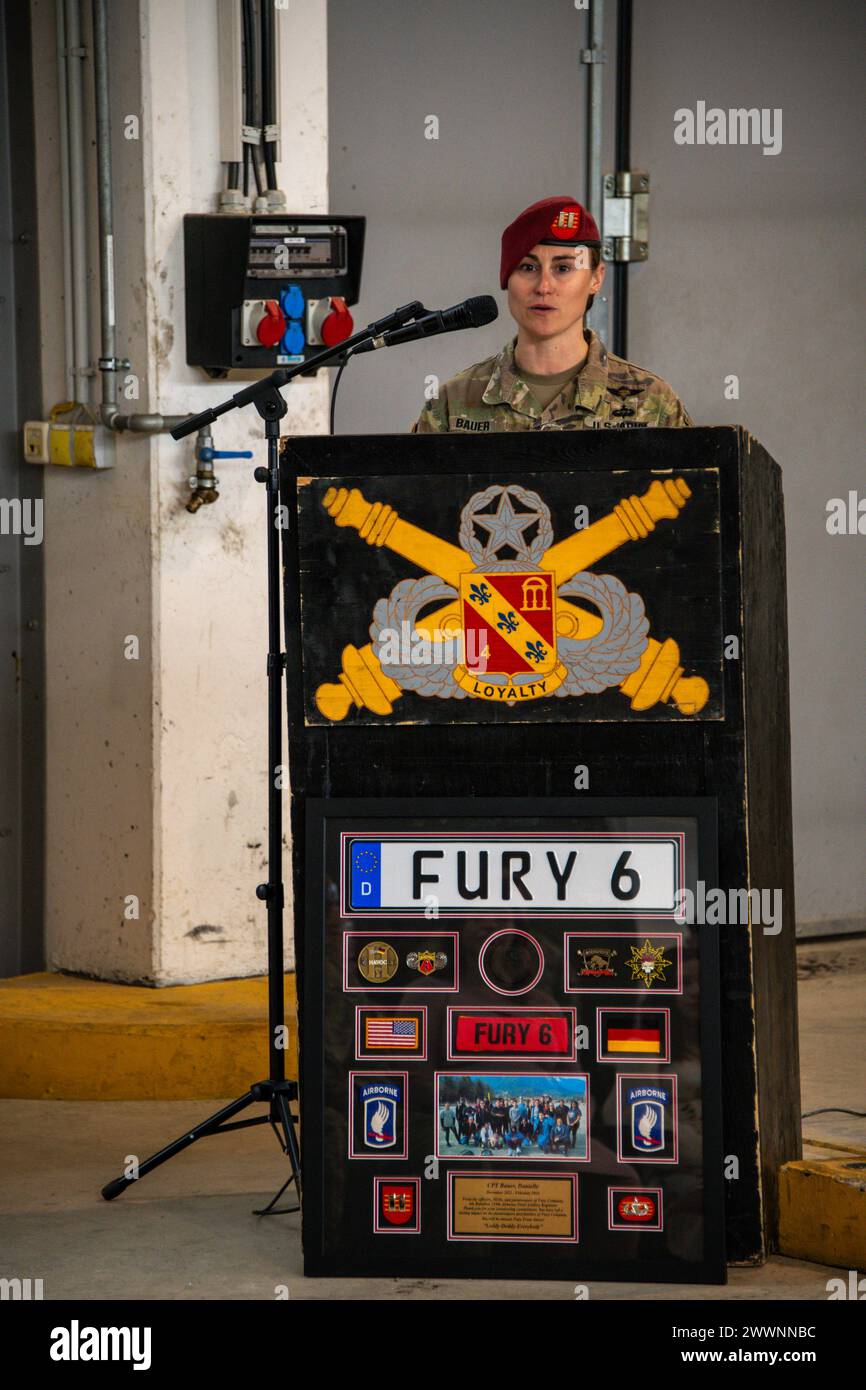 U.S. Army Cpt. Danielle Bauer, outgoing Commander of Fury Company, 4th Battalion, 319th Airborne ...