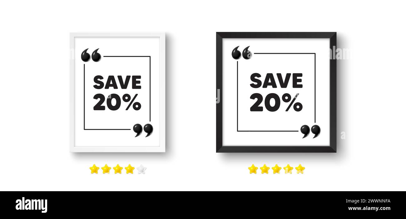 Save 20 percent off. Sale Discount offer price sign. Picture frame with ...