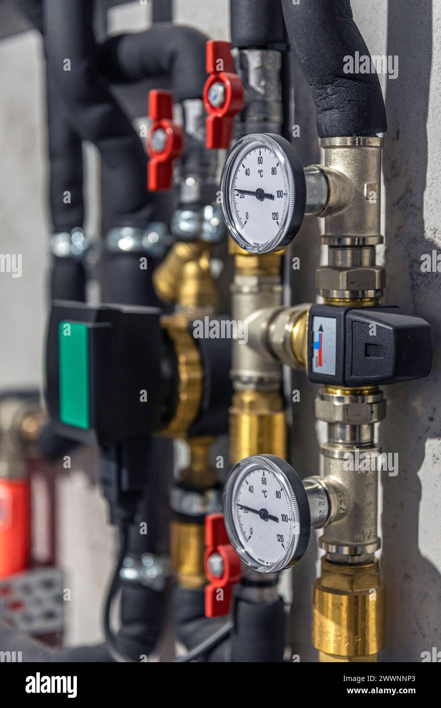Pressure sensor on the hot water pressure reducing valve Stock Photo ...