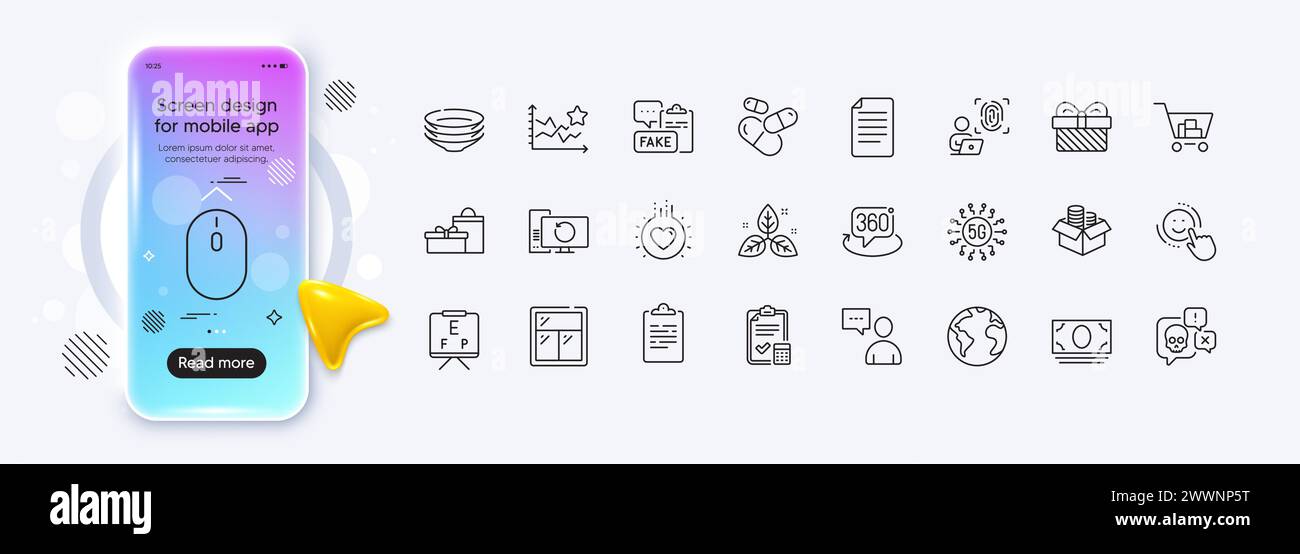 Smile, Dishes and Computer fingerprint line icons for web app. Pictogram icon. Phone mockup ...