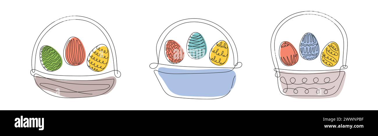 Set of Wicker baskets with colorful Easter eggs. Continuous one line ...