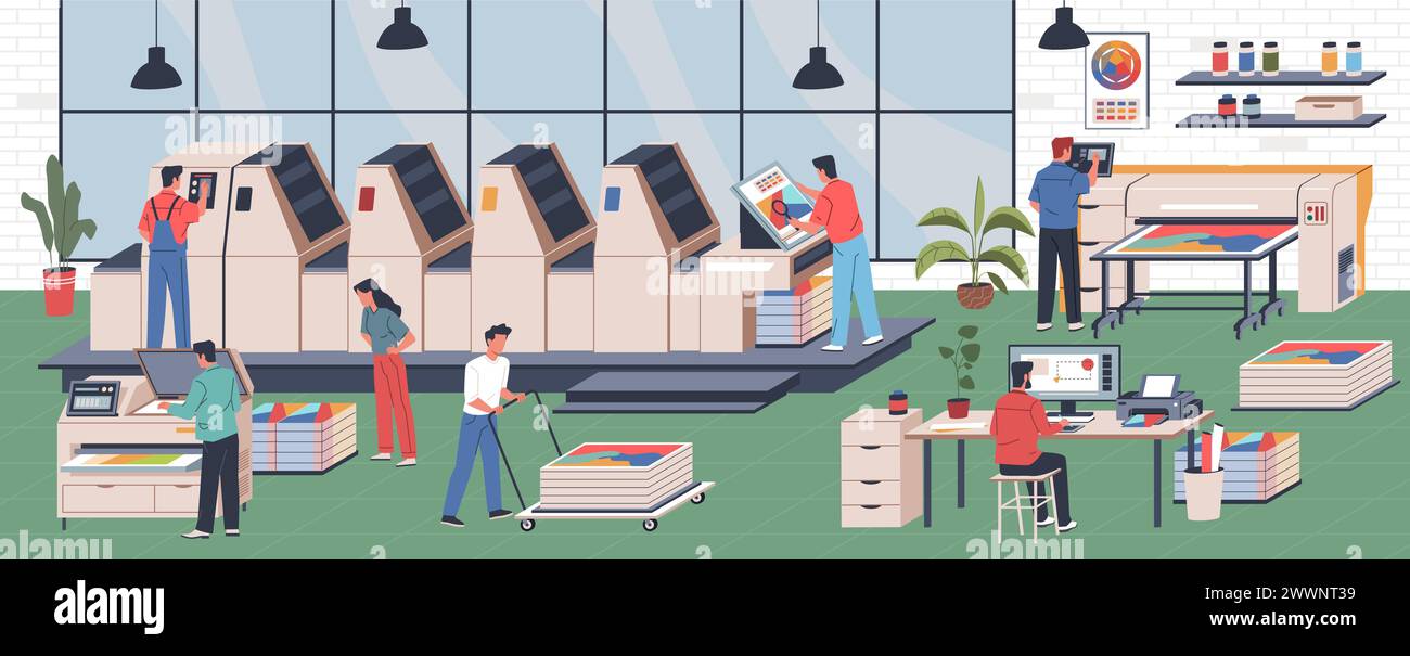 Print house workers. Production process printed products, people in ...