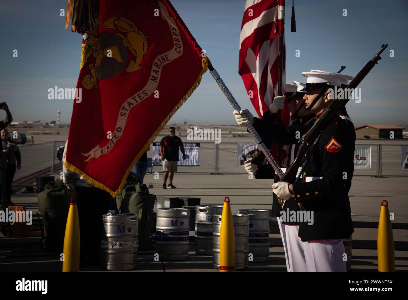 Marines with the Official U.S. Marine Corps Color Guard present the U.S ...
