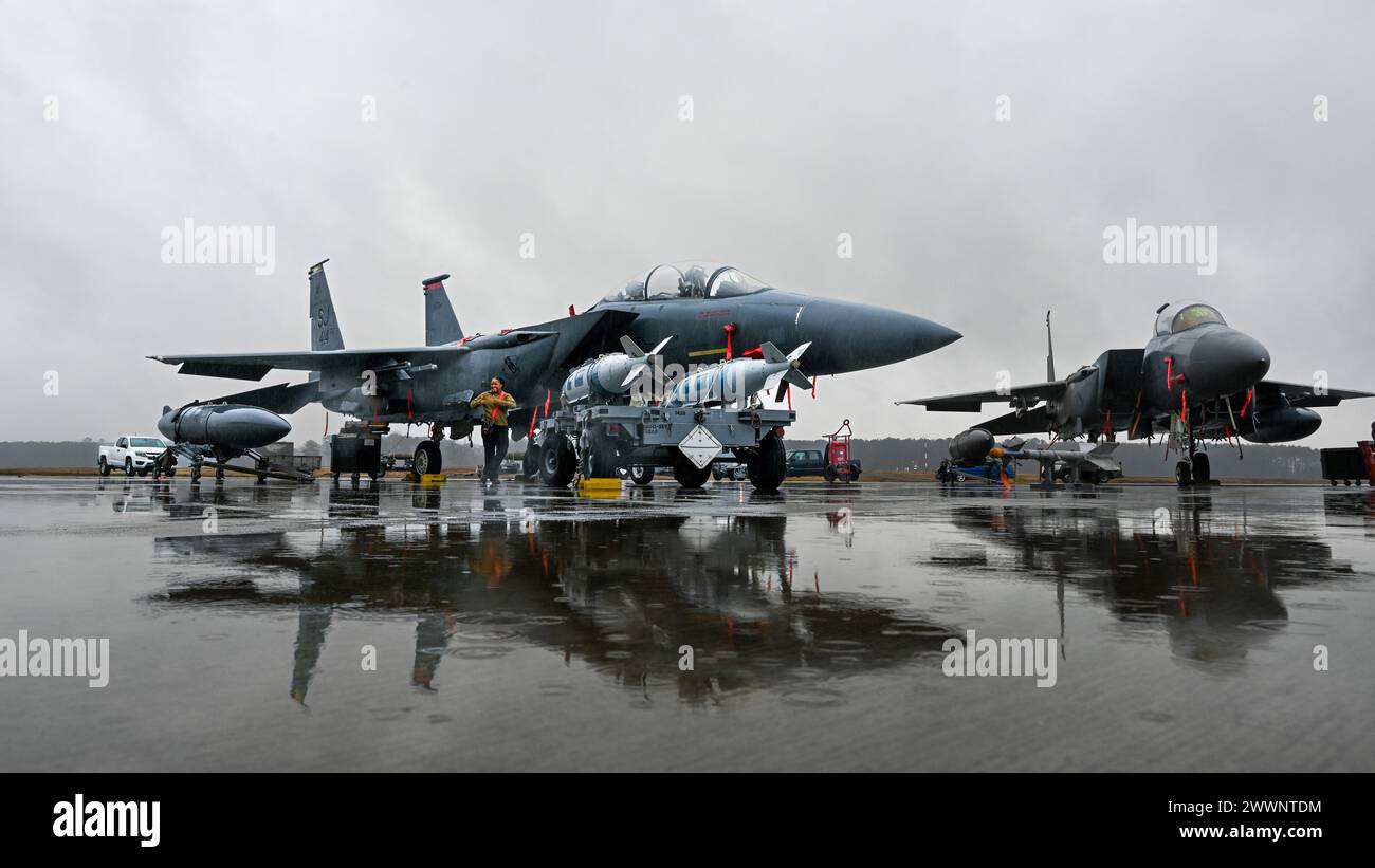U.S. Air Force F-15E’s are staged on the flightline for an annual load ...