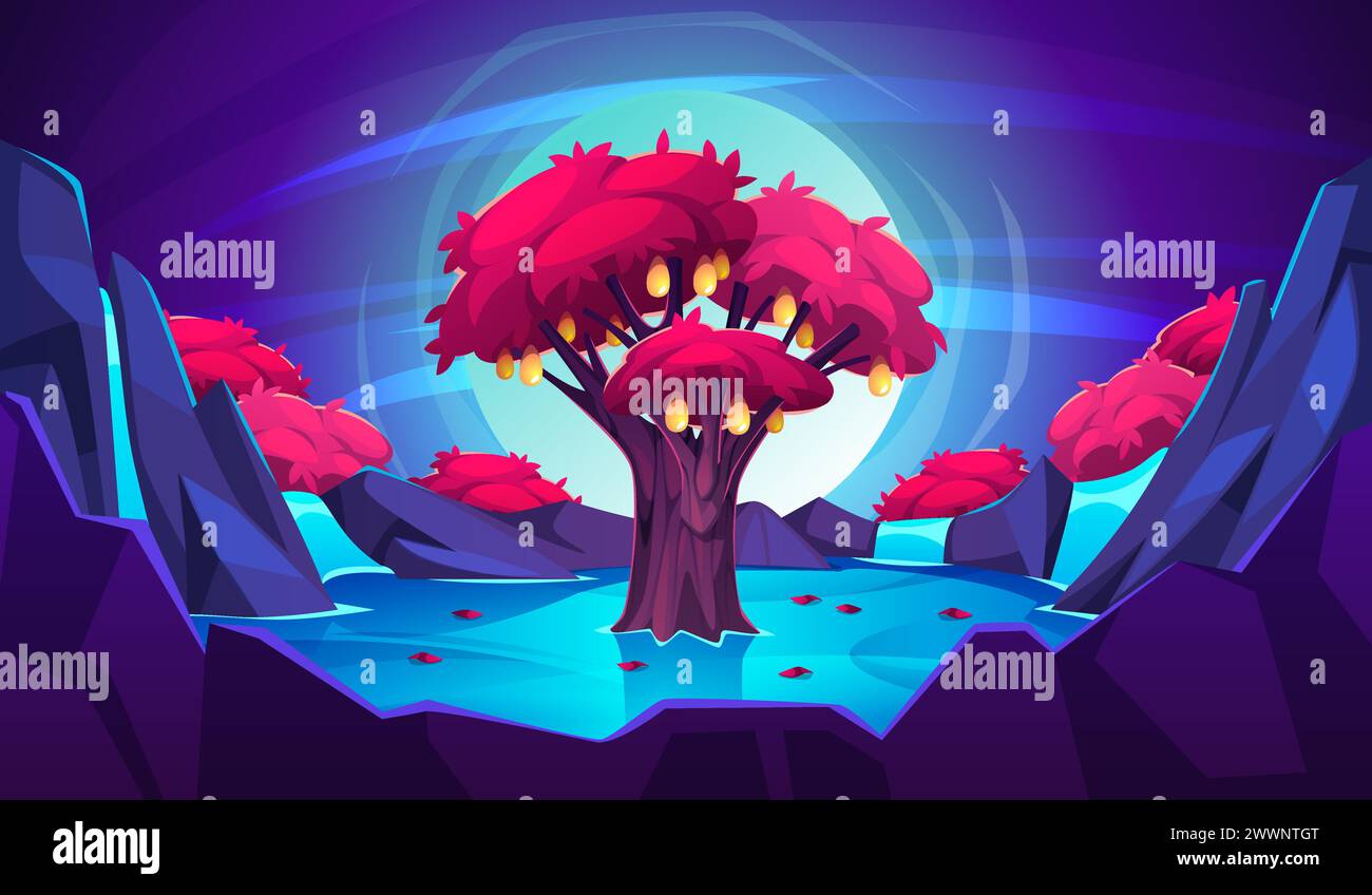 Magic tree landscape. Nature night background, fairytale plant, fantasy ...