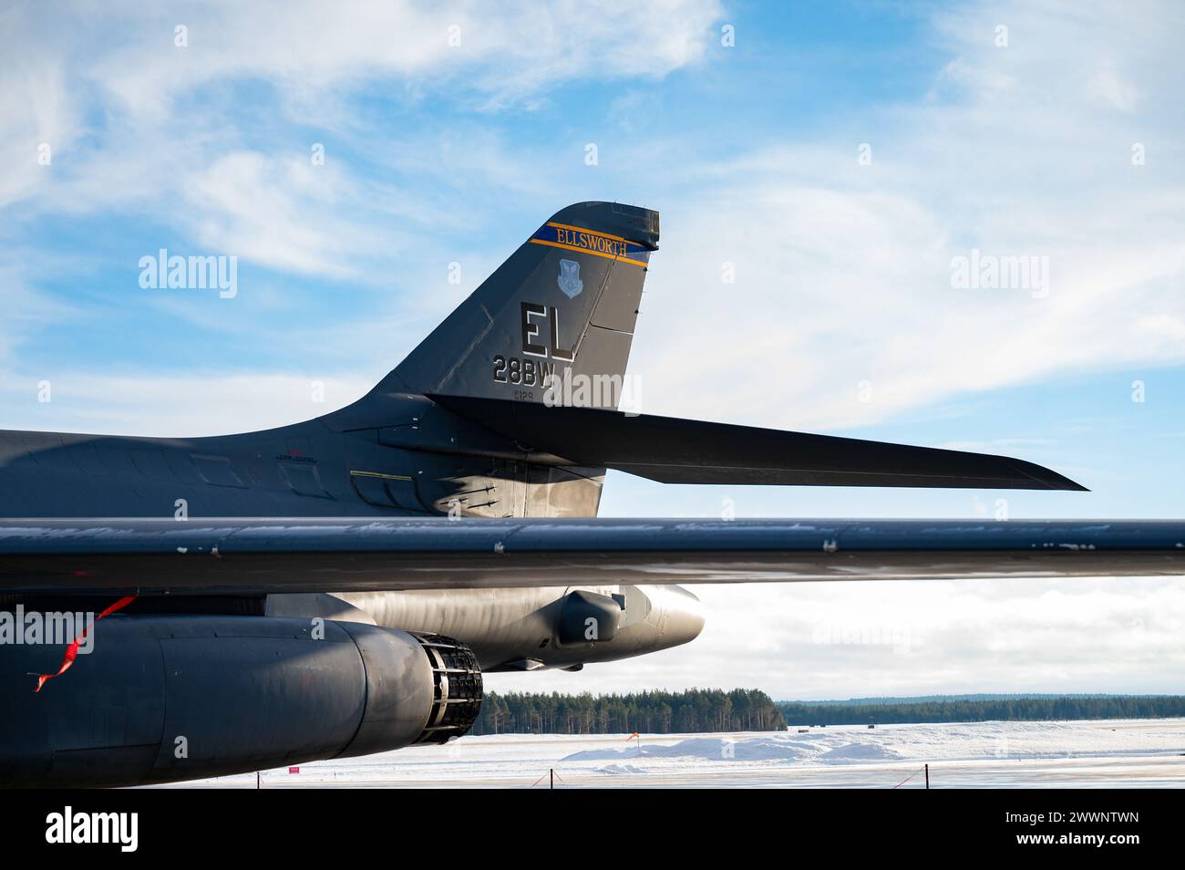 A U.S. Air Force B-1B Lancer assigned to the 28th Bomb Wing, sits on ...