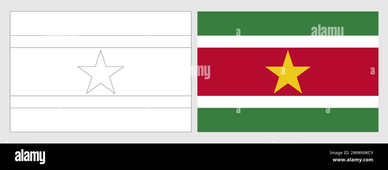 Suriname flag - coloring page. Set of white wireframe thin black ...