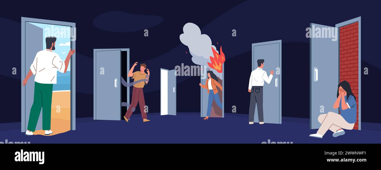 People and doors. Men, women knock, come in and out, entrance and exits ...