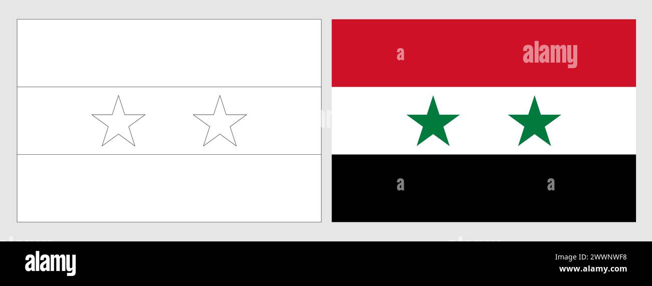 Syria flag - coloring page. Set of white wireframe thin black outline ...