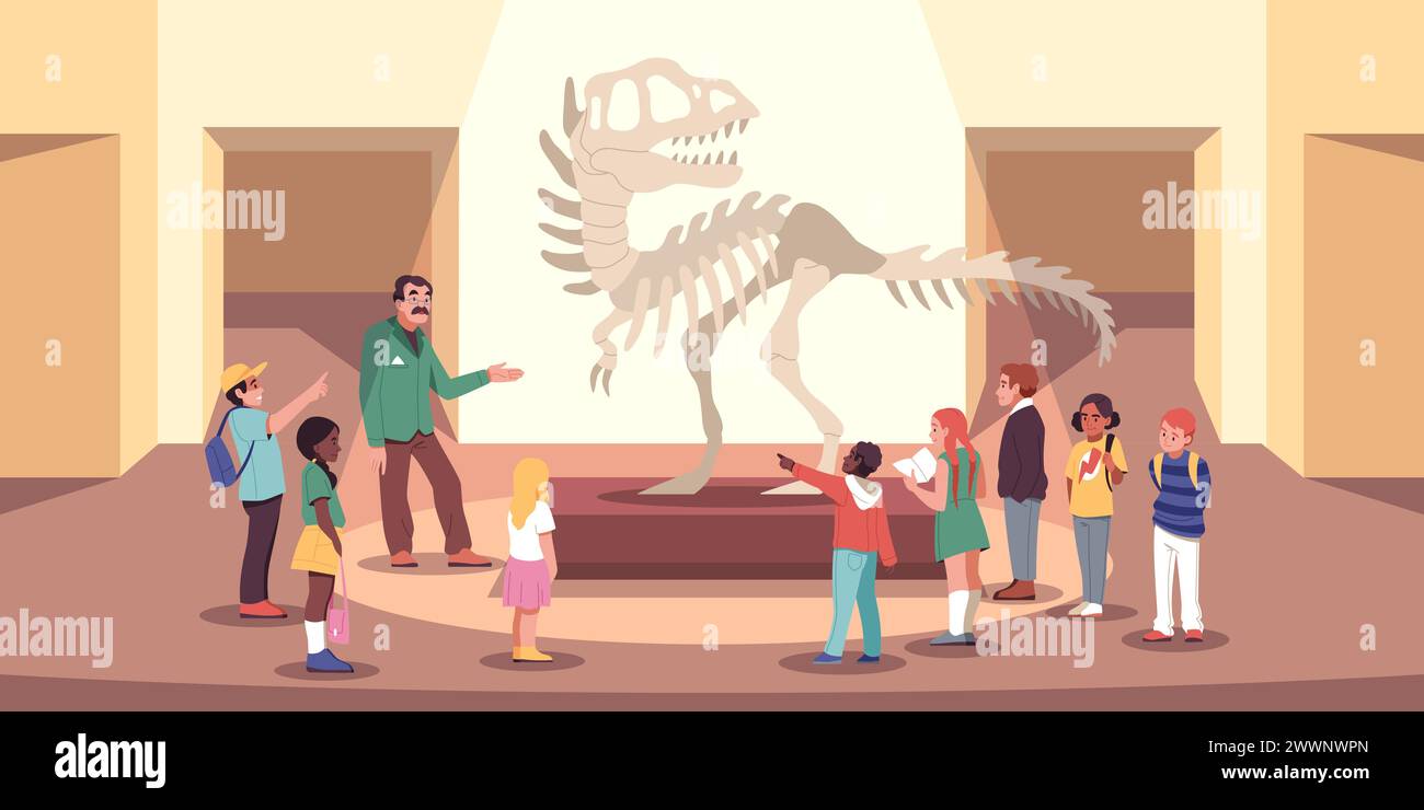 Kids group in exhibition hall. Guide tells children about tyrannosaurus ...