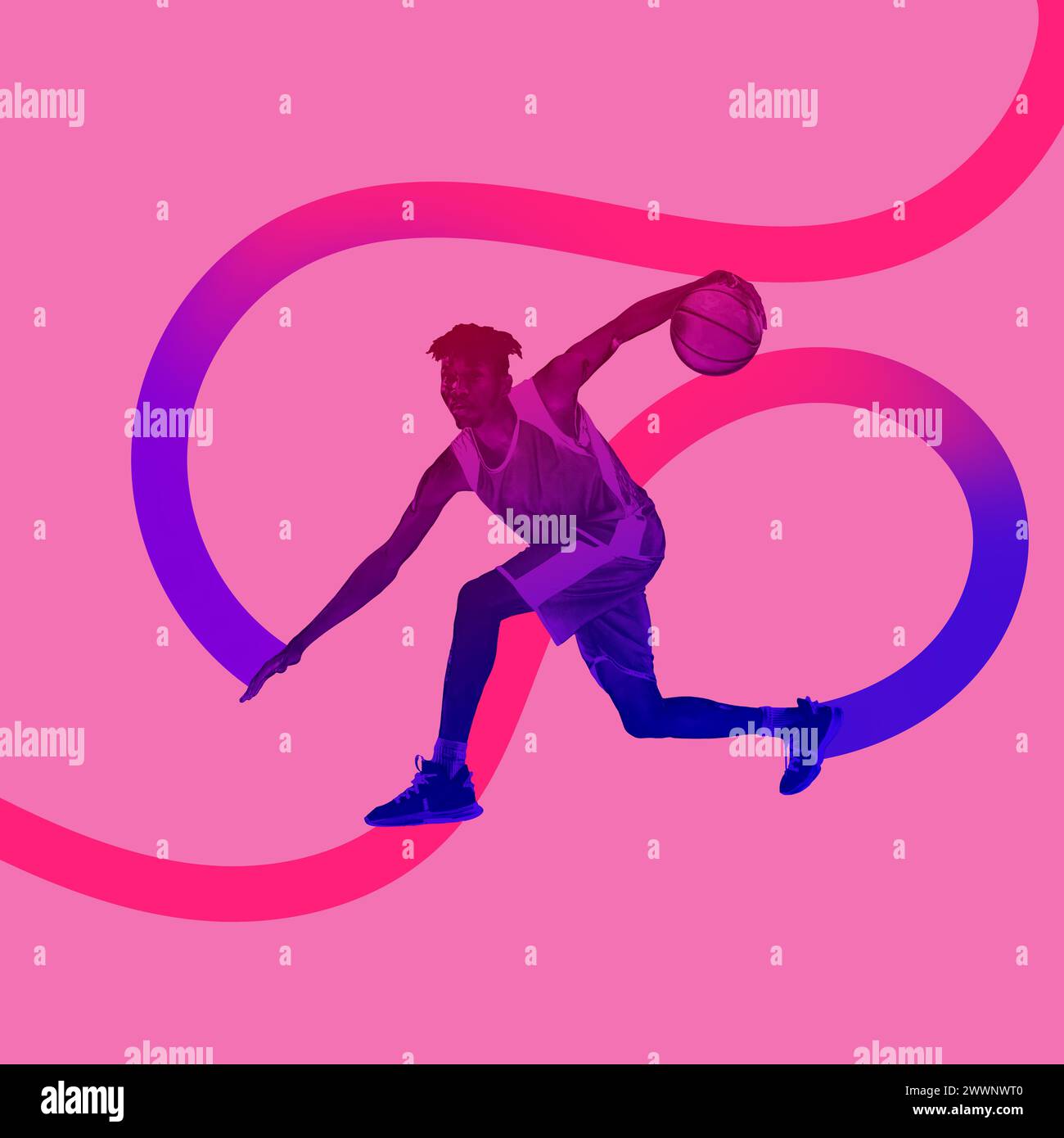 Poster. Contemporary art collage. Silhouette of basketball player ...