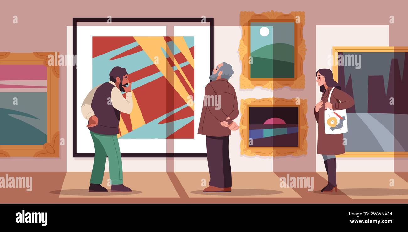 Art gallery visitors. Modern art connoisseurs view paintings in ...