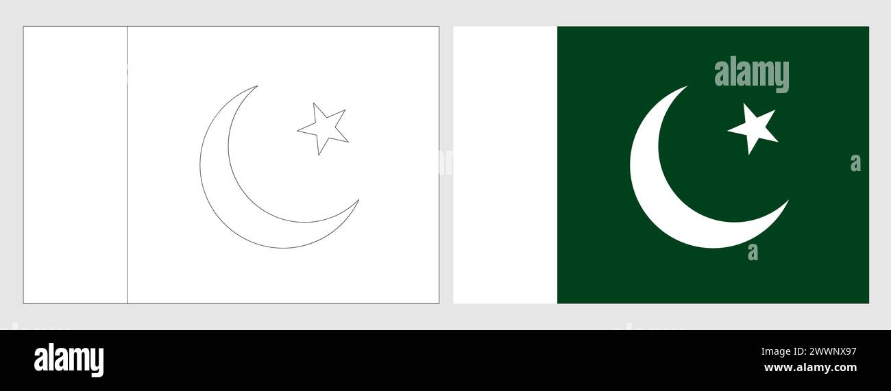 Pakistan flag - coloring page. Set of white wireframe thin black ...