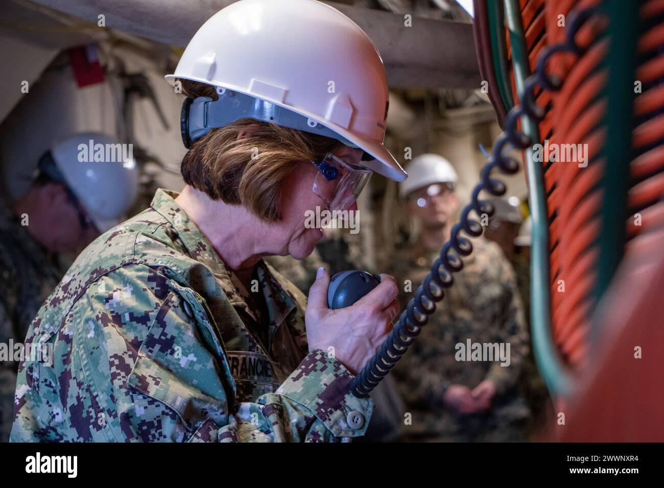 Chief of Naval Operations (CNO) Adm. Lisa Franchetti speaks to the crew ...
