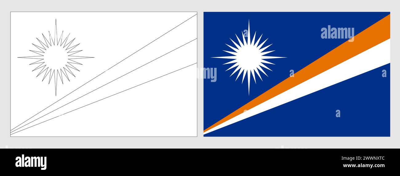 Marshall Islands flag - coloring page. Set of white wireframe thin ...