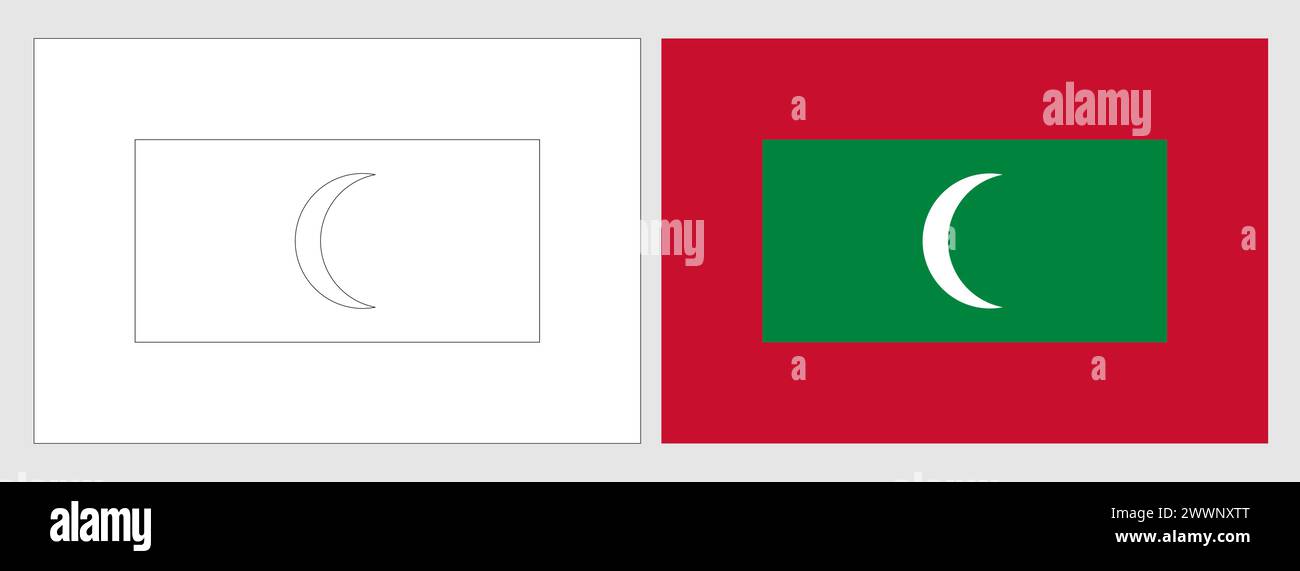 Maldives flag - coloring page. Set of white wireframe thin black ...