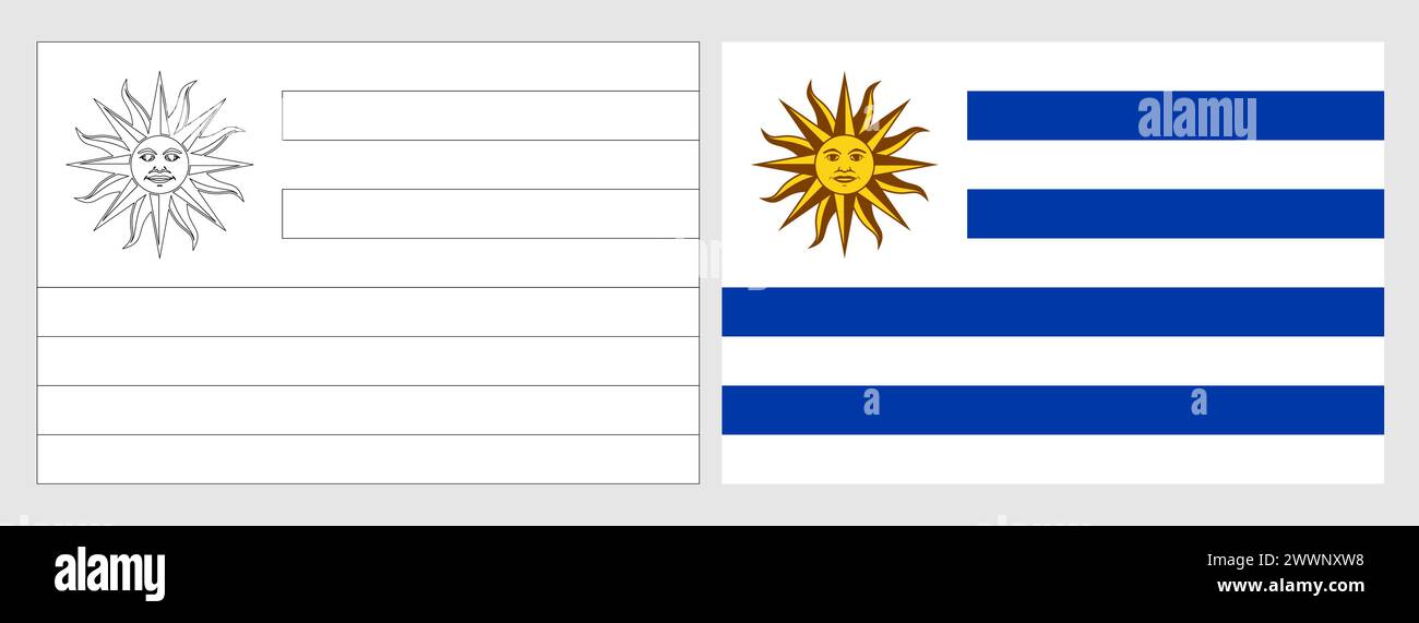 Uruguay flag - coloring page. Set of white wireframe thin black outline ...