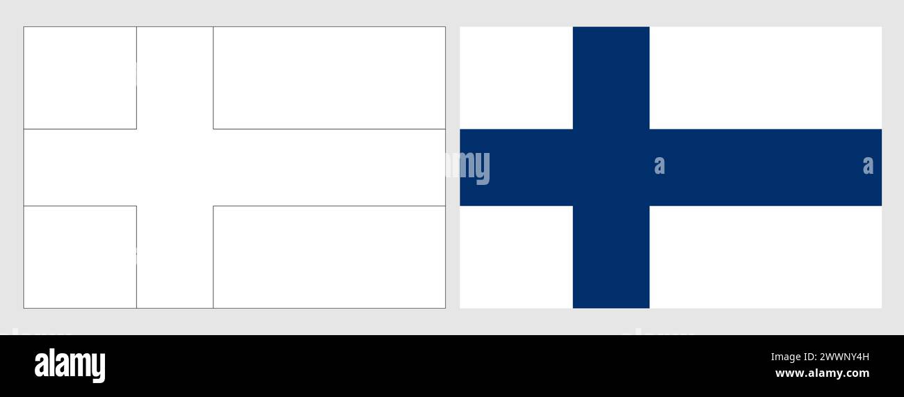 Finland flag - coloring page. Set of white wireframe thin black outline ...