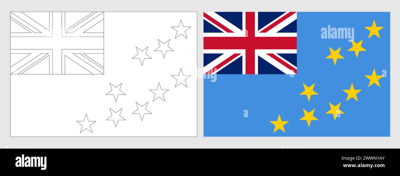 Tuvalu flag - coloring page. Set of white wireframe thin black outline ...