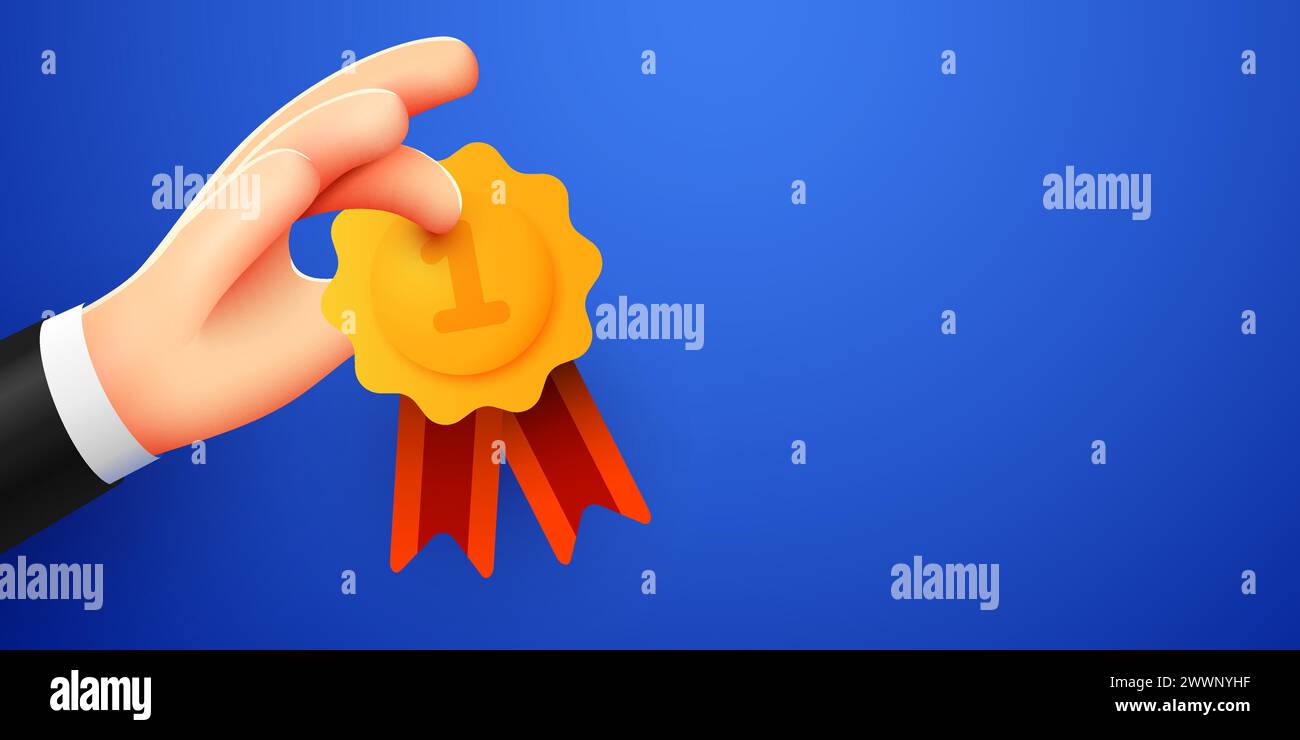 3D hand holds first place medal. Winner and champion concept. Vector ...