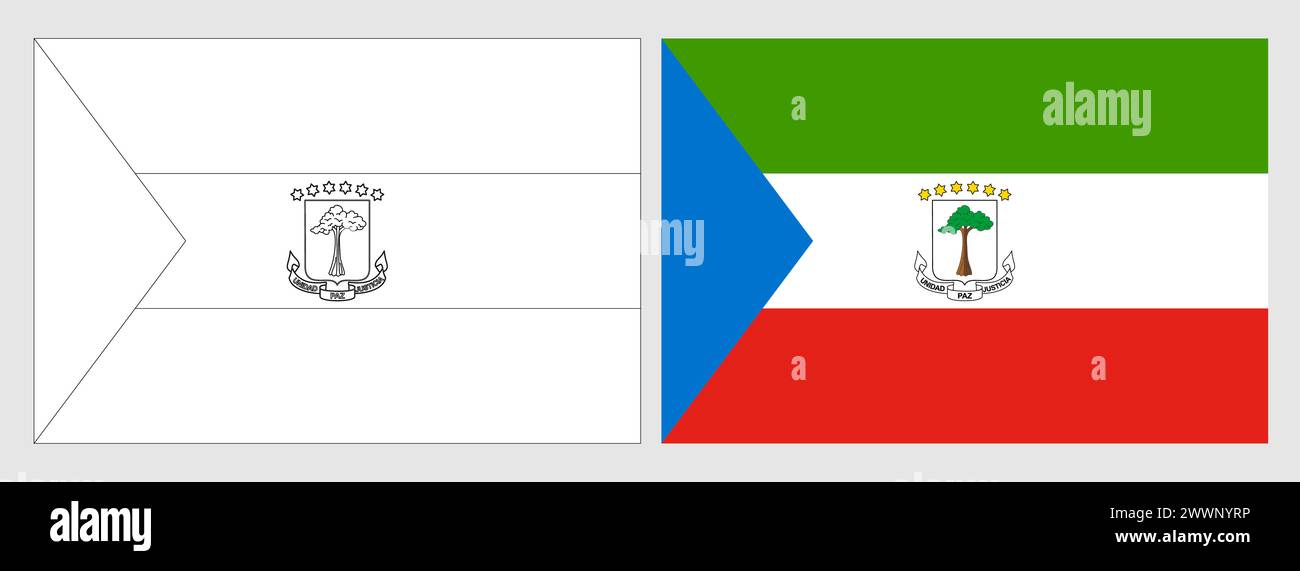 Equatorial Guinea flag - coloring page. Set of white wireframe thin ...