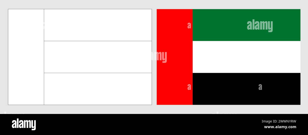 United Arab Emirates flag - coloring page. Set of white wireframe thin ...