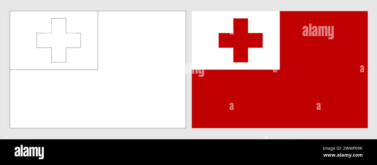 Tonga flag - coloring page. Set of white wireframe thin black outline ...