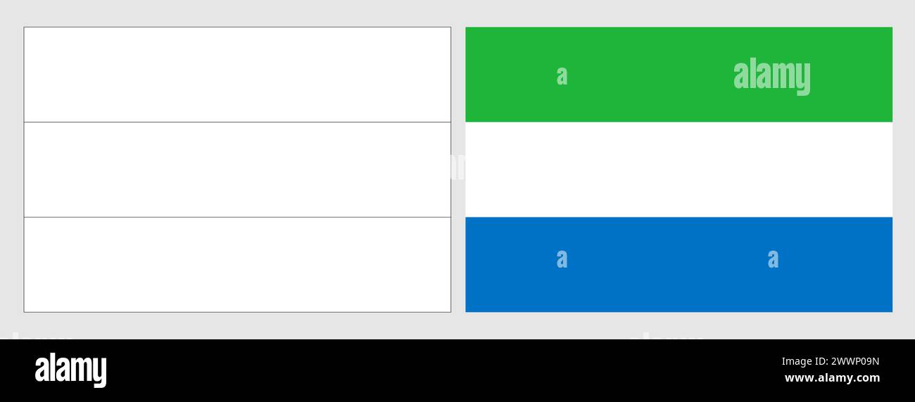 Sierra Leone flag - coloring page. Set of white wireframe thin black ...